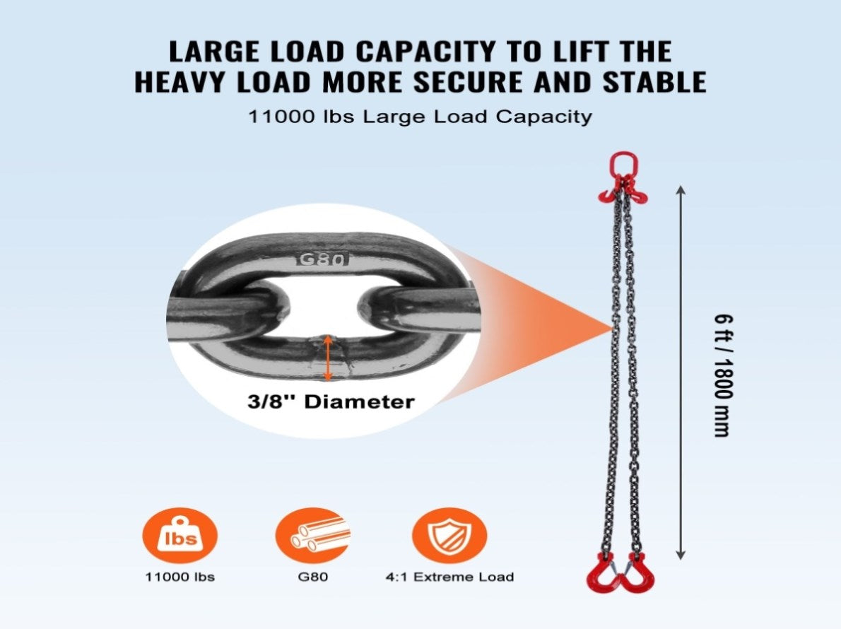 VEVOR Chain Sling, 10 mm x 180 cm Chains with Hooks, G80 Engine Chain ...